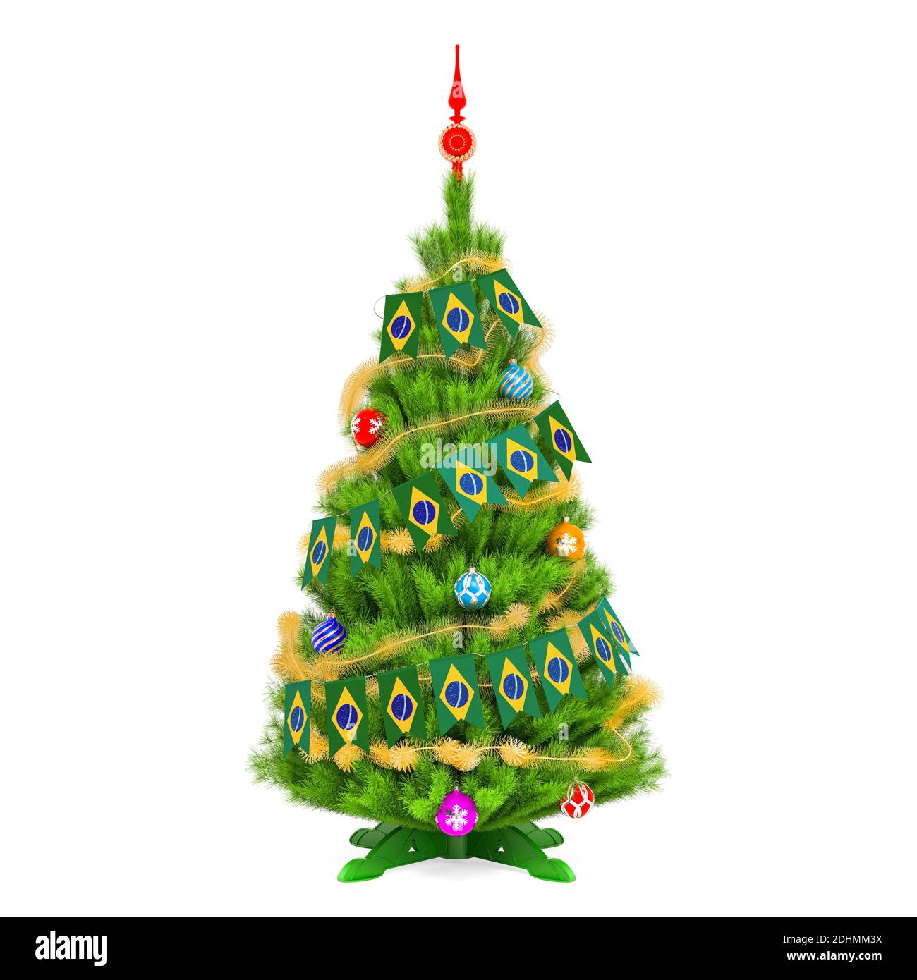 Christmas tree with Brazilian Xmas pennant flags, 3D rendering isolated ...