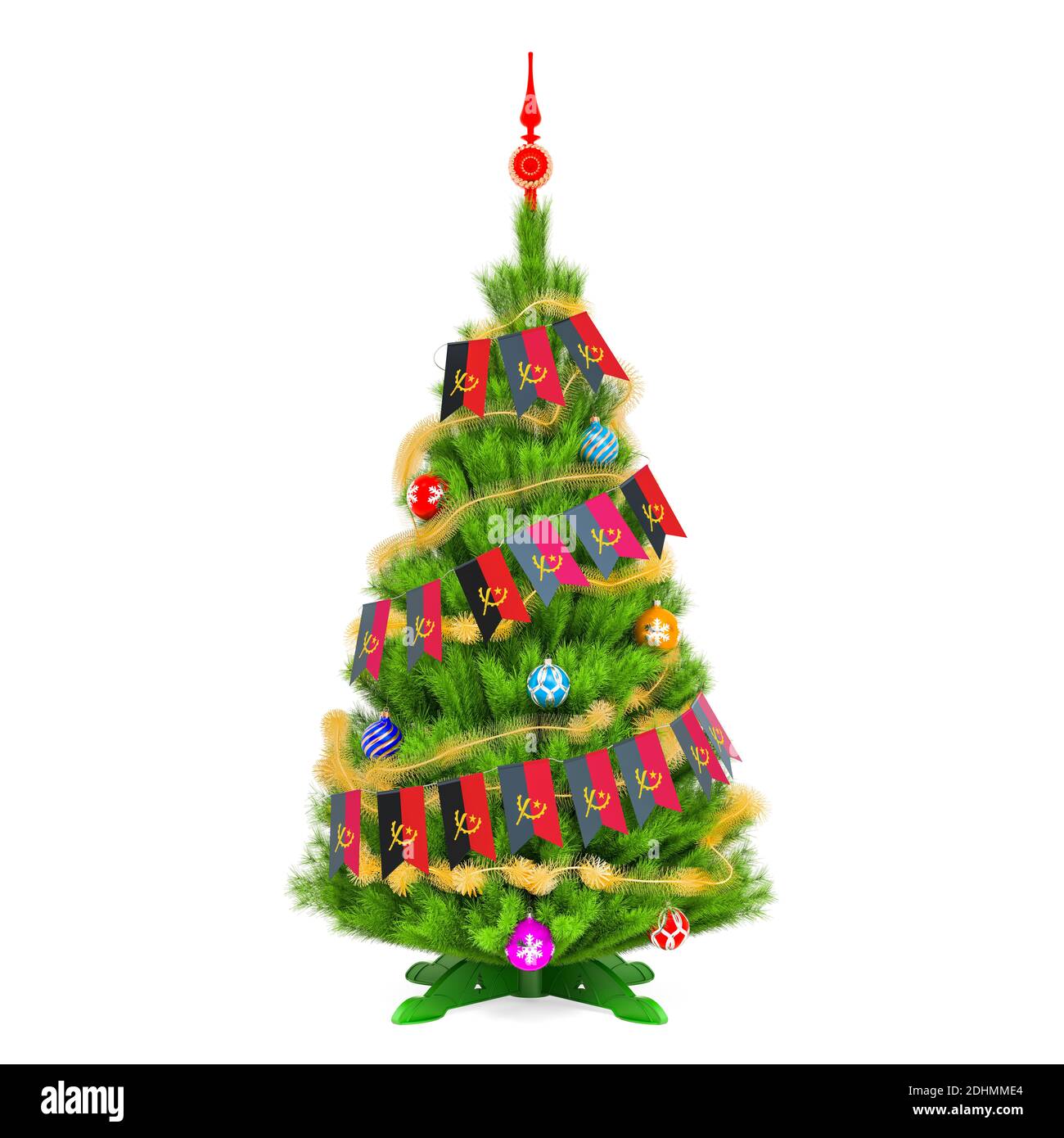 Christmas tree with Angolan Xmas pennant flags, 3D rendering isolated ...