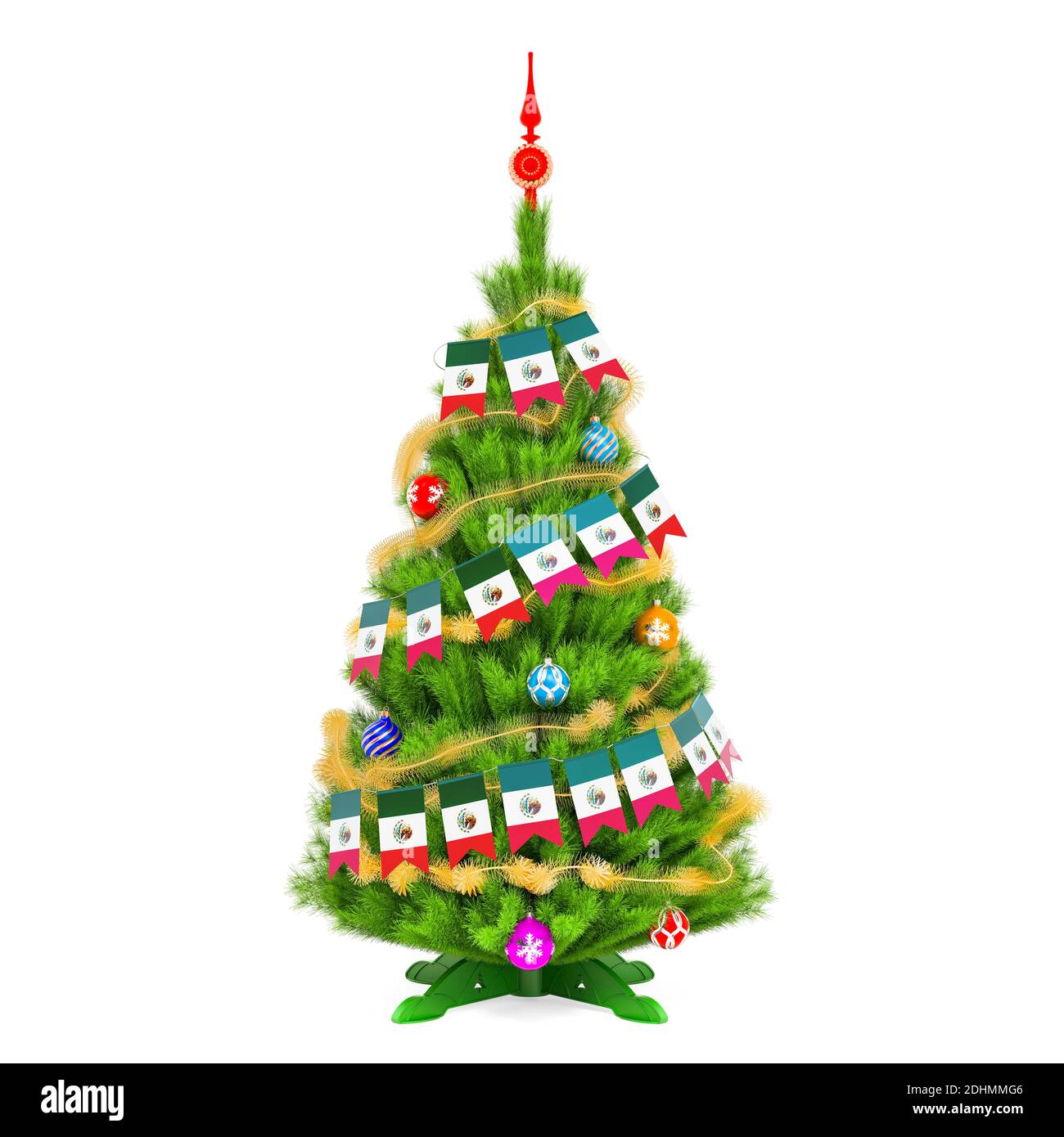 Christmas tree with Mexican Xmas pennant flags, 3D rendering isolated ...
