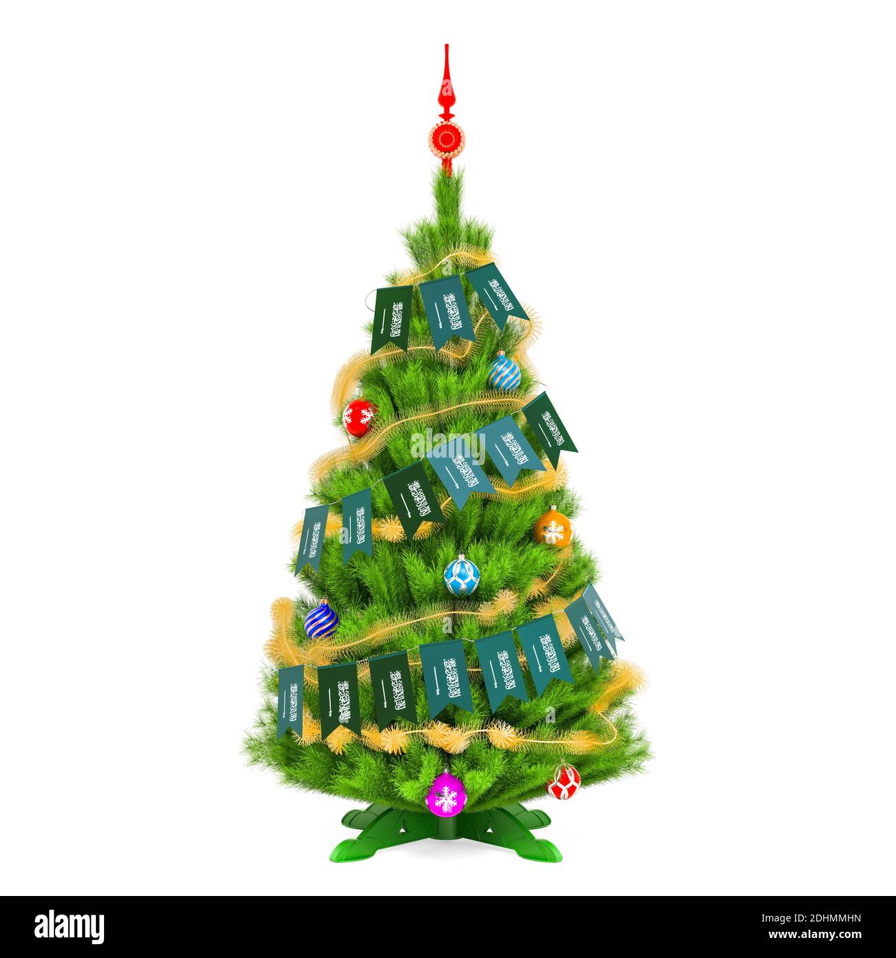Christmas tree with Saudi Arabian Xmas pennant flags, 3D rendering ...