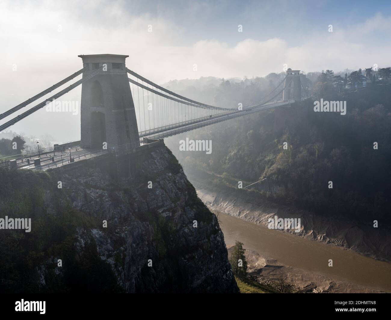 Fog rises from the River Avon and Leigh Woods in the Avon Gorge under ...