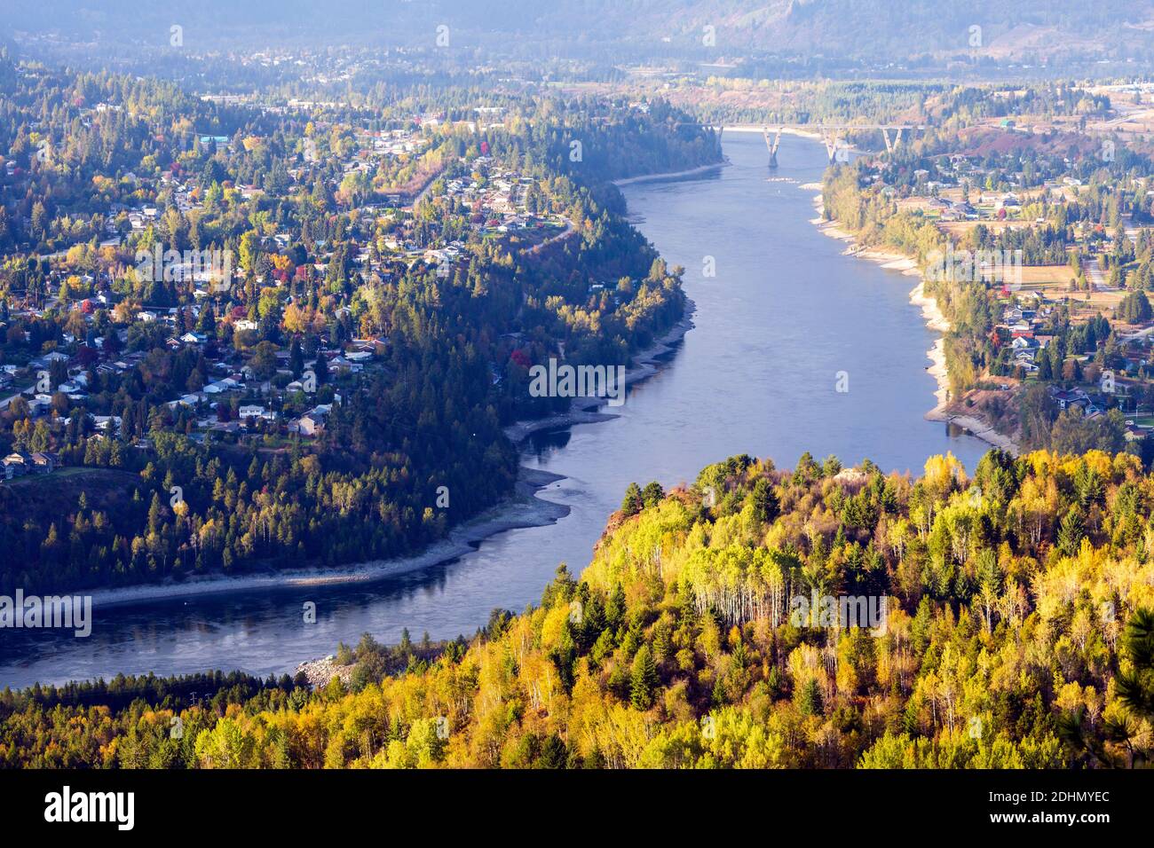 An autumn landscape view of the city of Castlegar and the Columbia ...