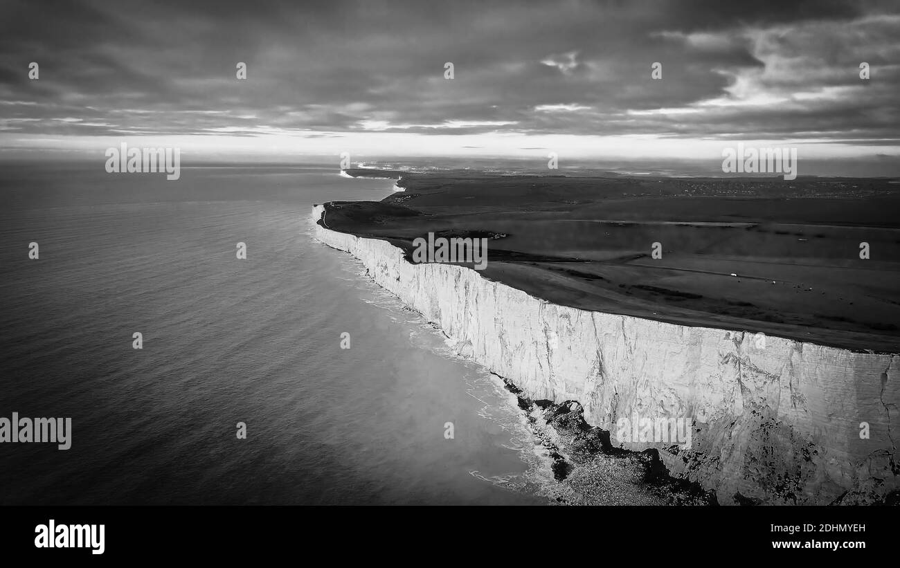 White cliffs at the English coast - aerial view in black and white ...