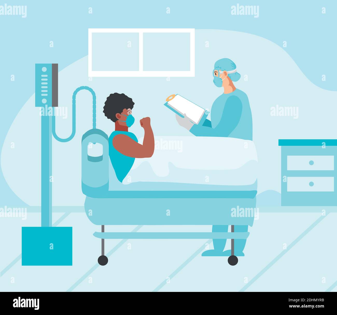 doctor check patient with artificial ventilation in bed hospital vector ...