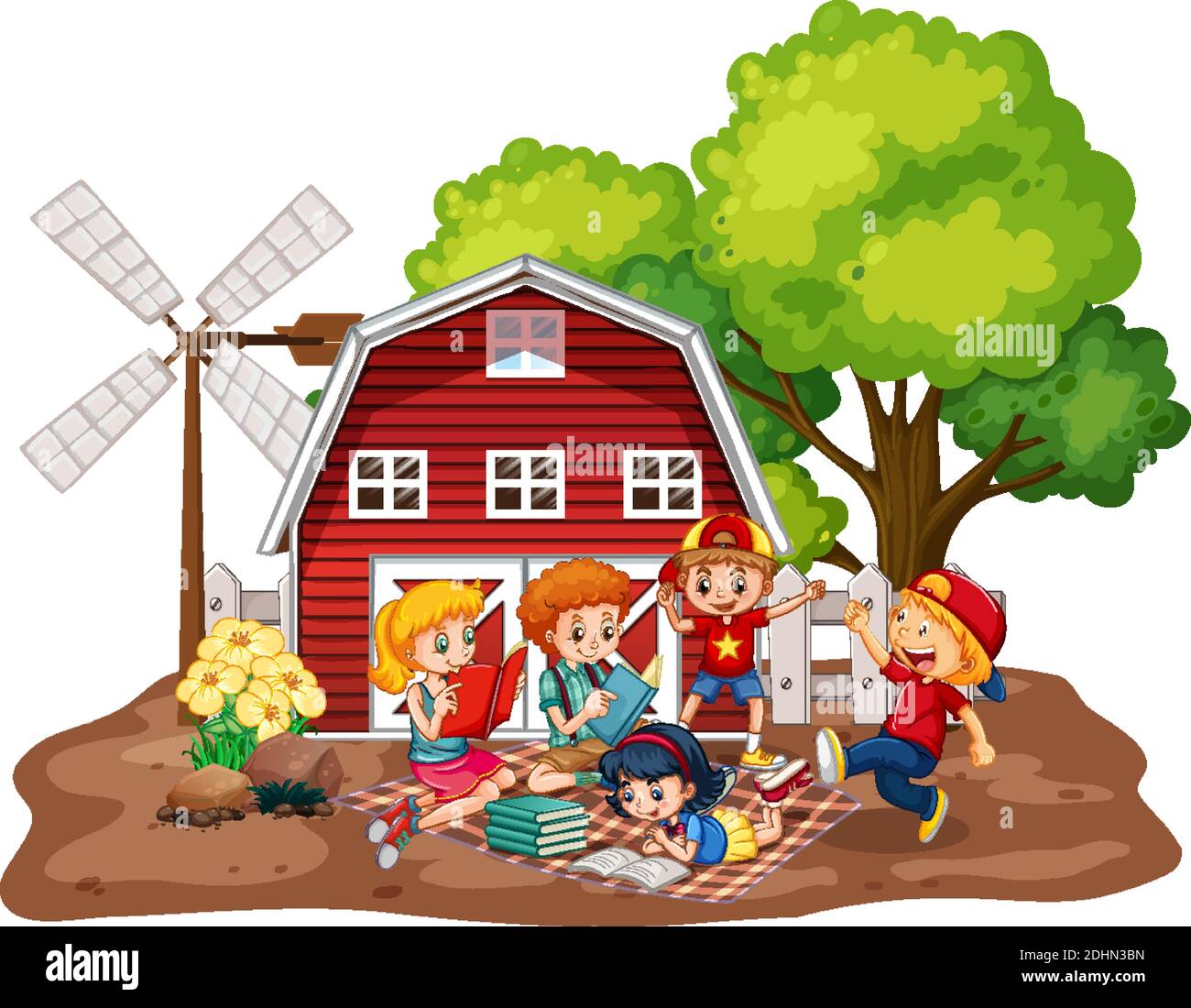 Children with red barn in farm scene on white background illustration ...