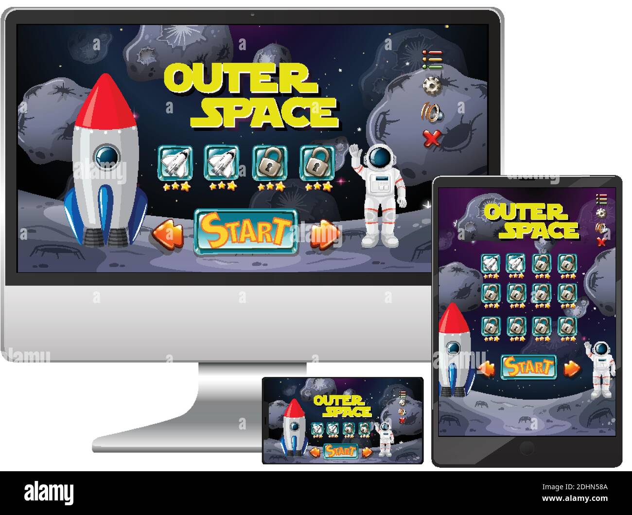 Outer space mission game on diffrent electronic screens illustration ...