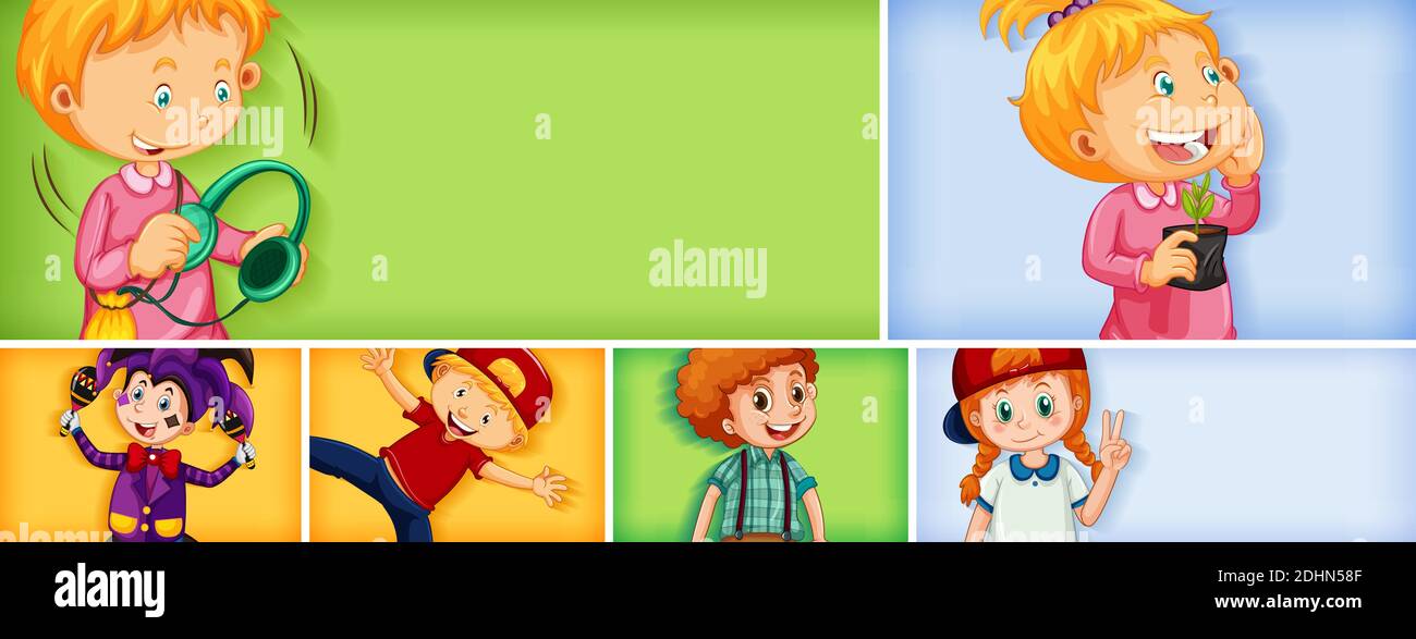 Set of different kid characters on different color background ...