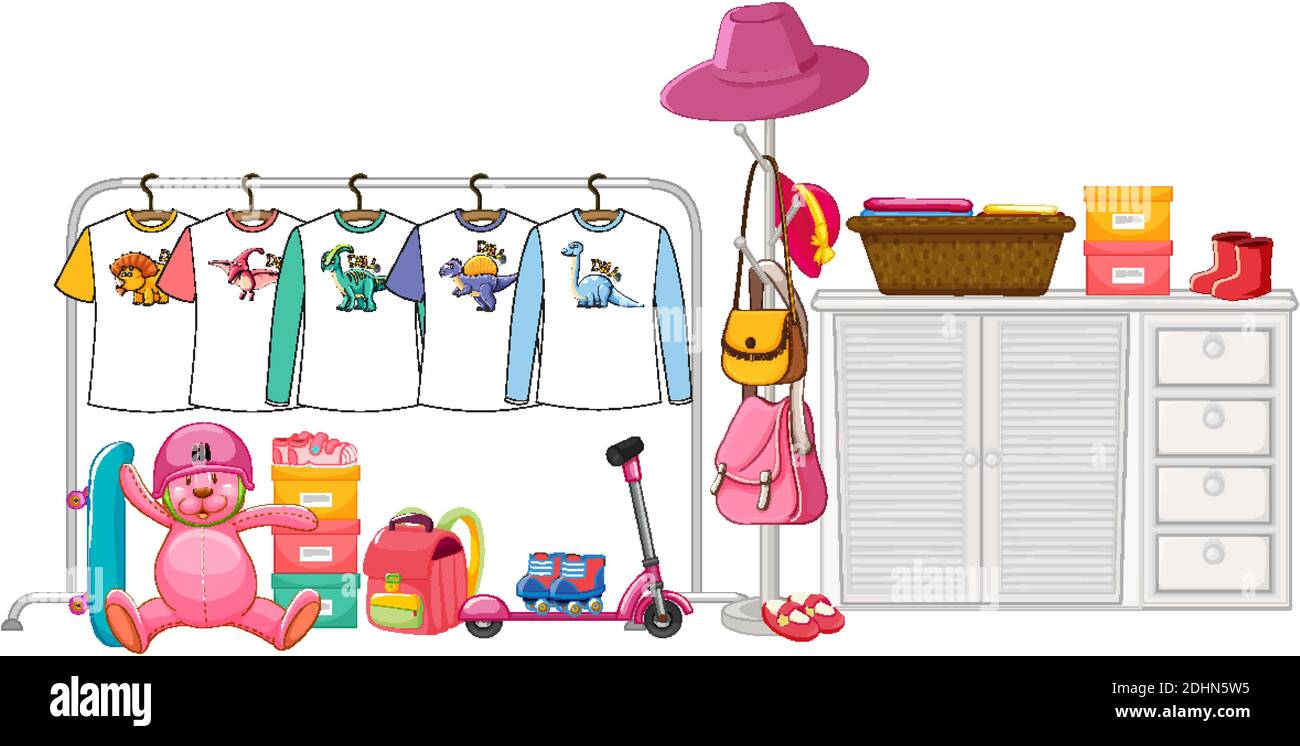 Children clothes hanging on clothes rack with accessories on white ...