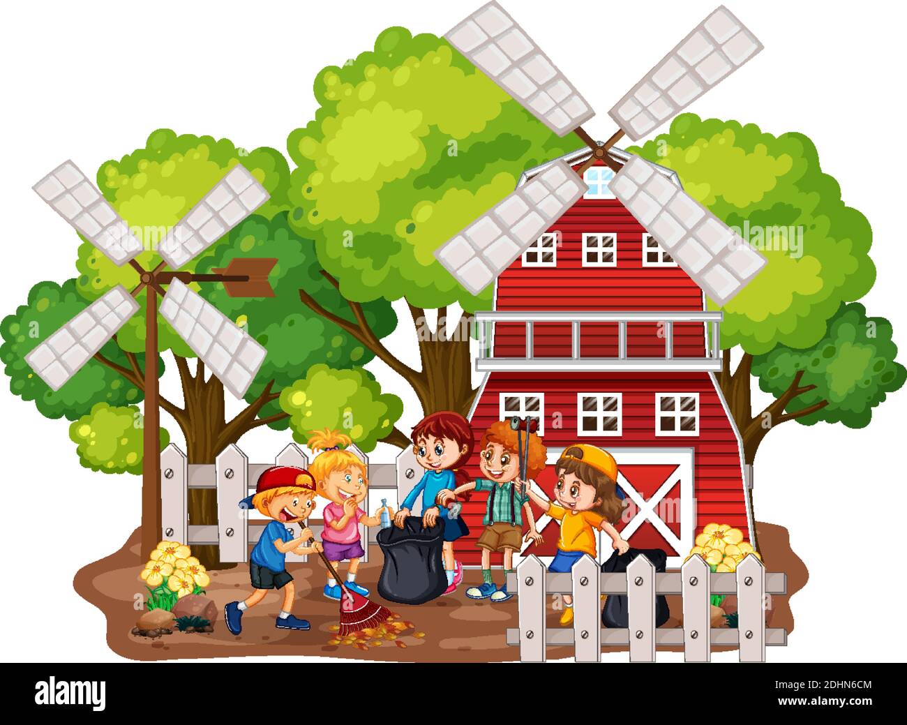 Children cleaning farm scene on white background illustration Stock ...