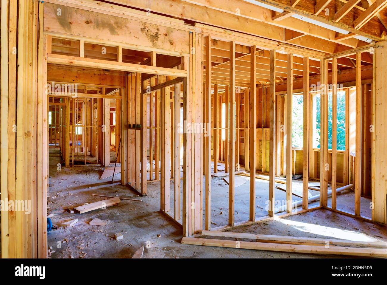 Framing of under construction wooden house building frame structure on ...