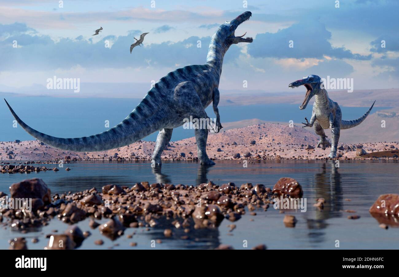 Illustration of a pair of suchomimus dinosaurs. This bipedal ...