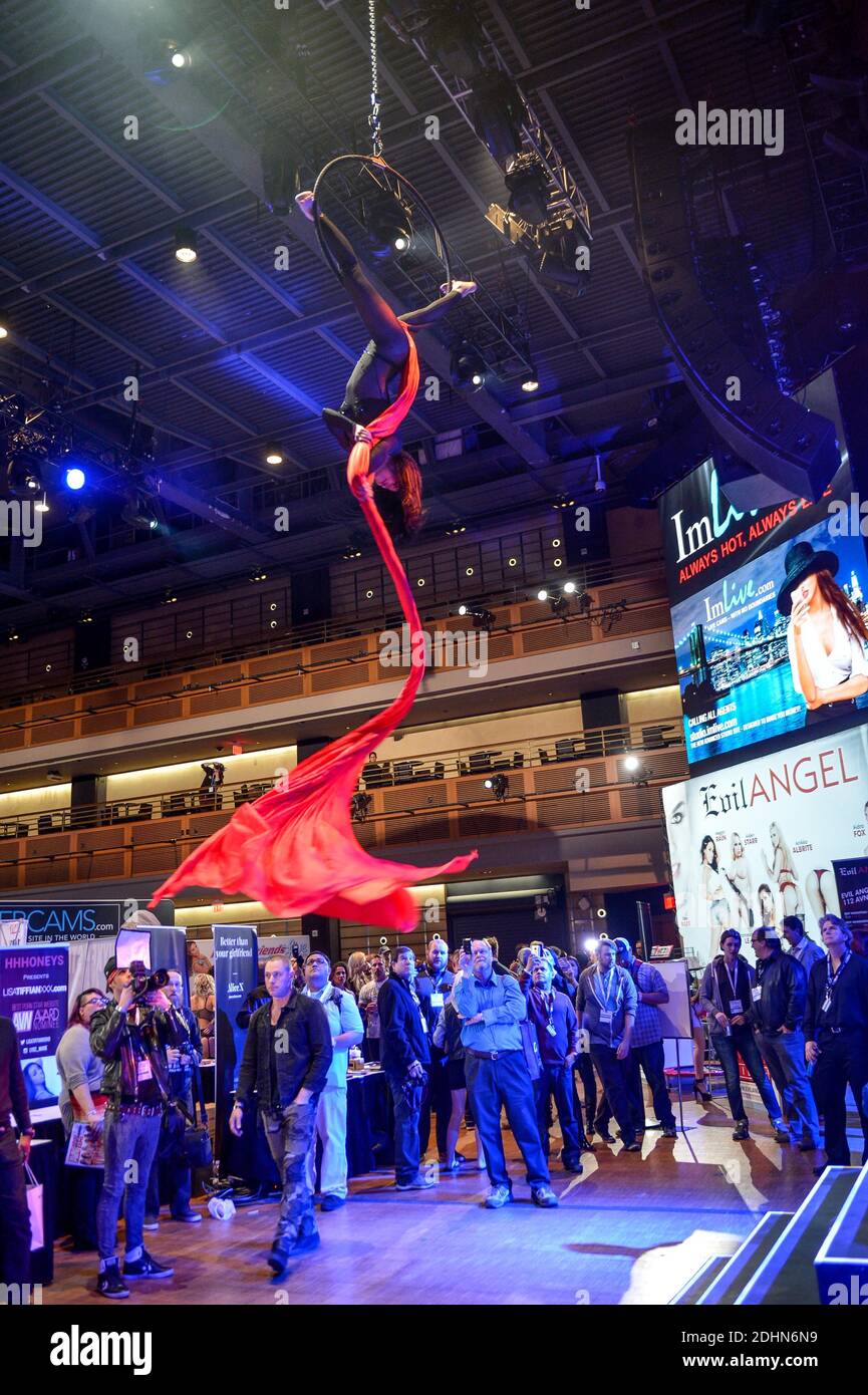 Adult performer making an acrobatic show at the AVN Adult Entertainment ...