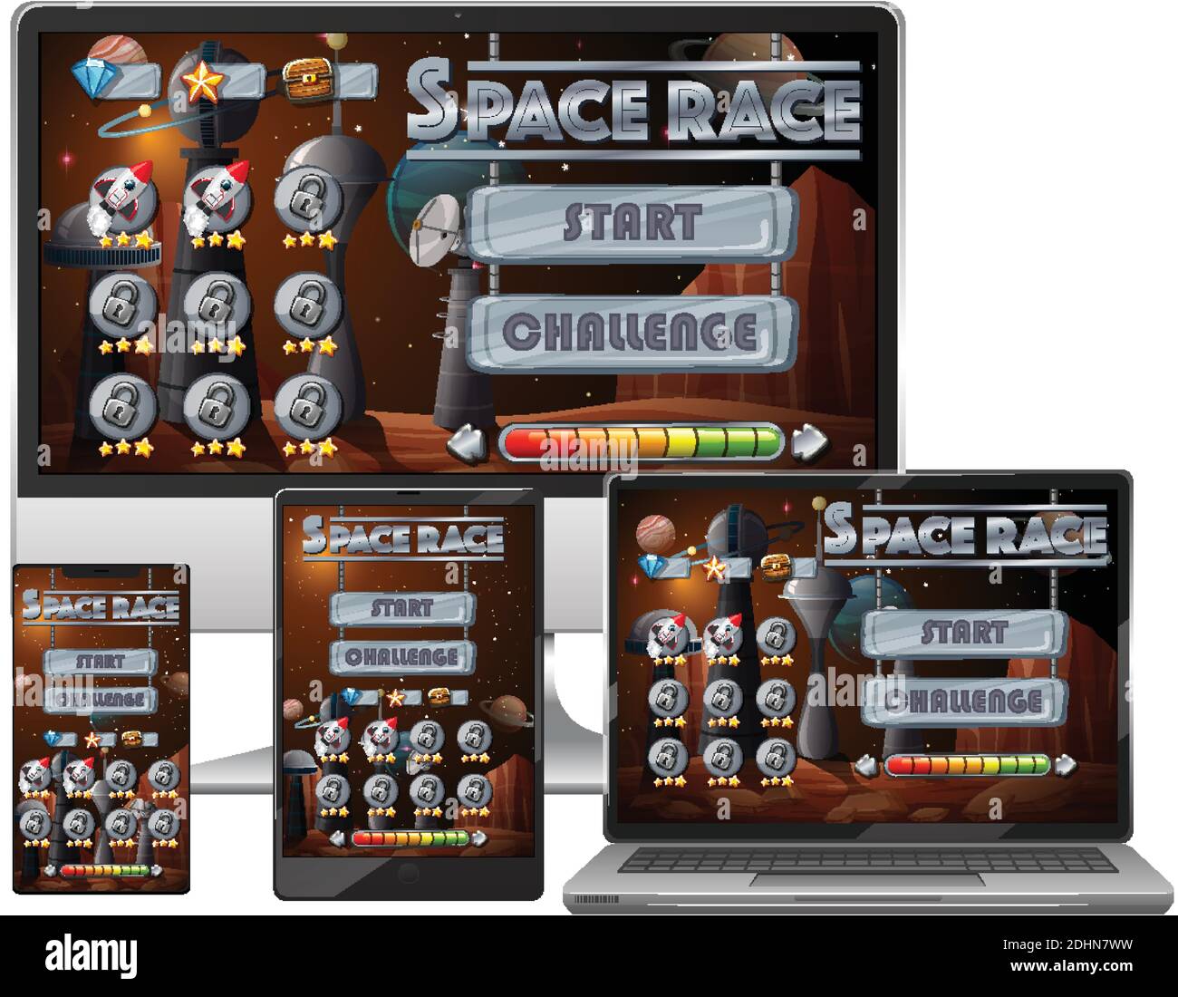 Space race mission game on diffrent electronic screens illustration ...