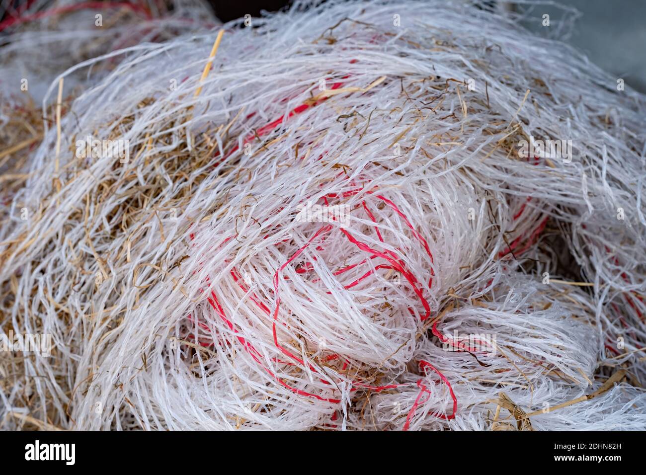 Pile of garbage, plastic threads of packing material of straw in a ...