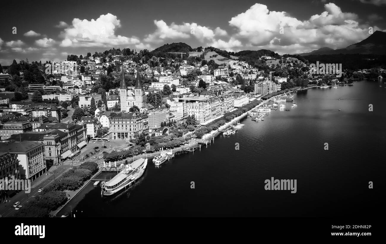 The lakefront of Lake Lucerne in Switzerland in black and white Stock ...