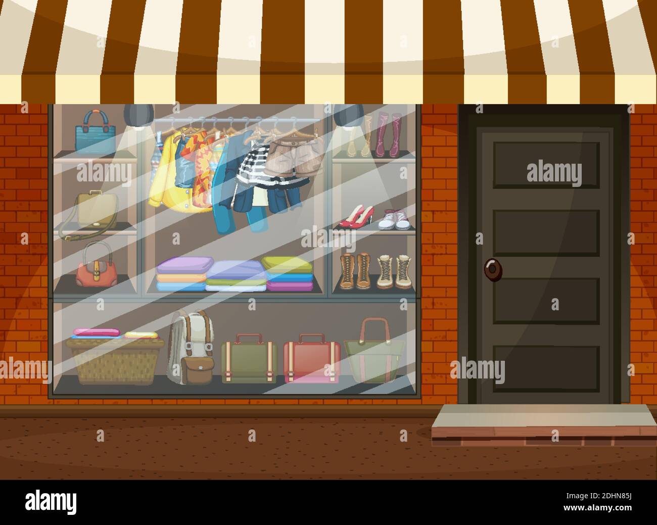 Front of clothing store showcase with clothes and accessories ...