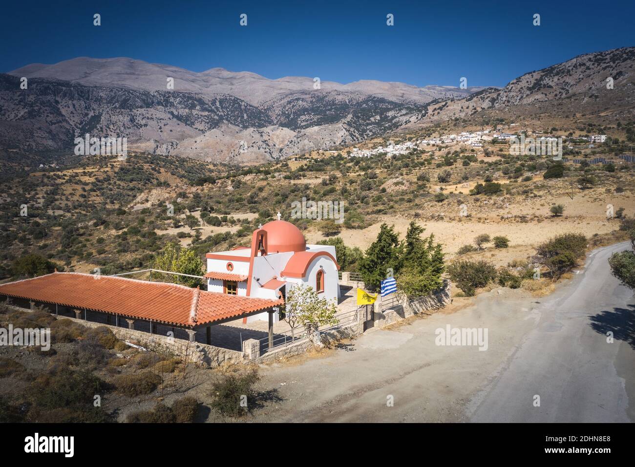 Church on traditional Crete village Nithafri, summer on Crete, mountain ...