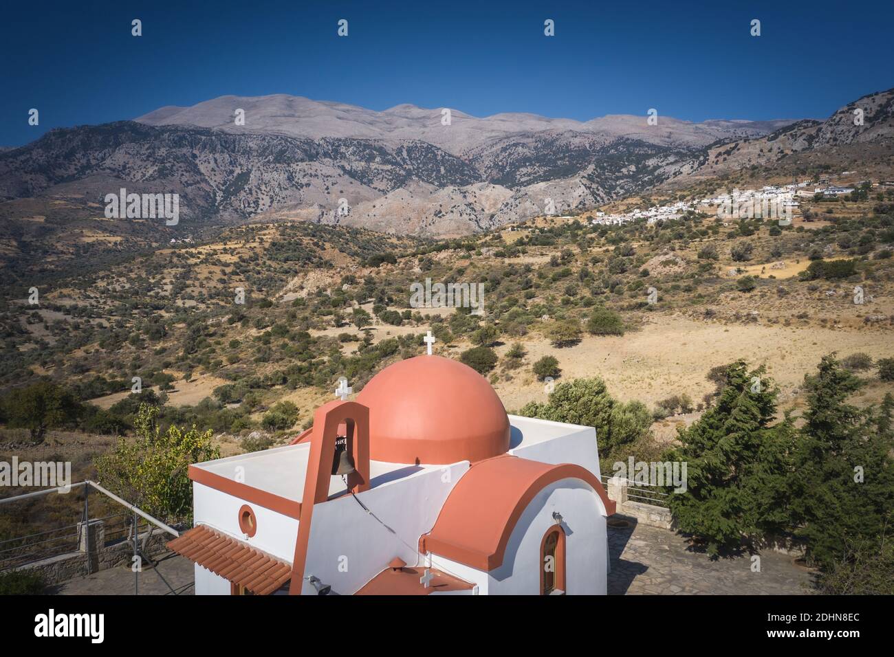 Church on traditional Crete village Nithafri, summer on Crete, mountain ...