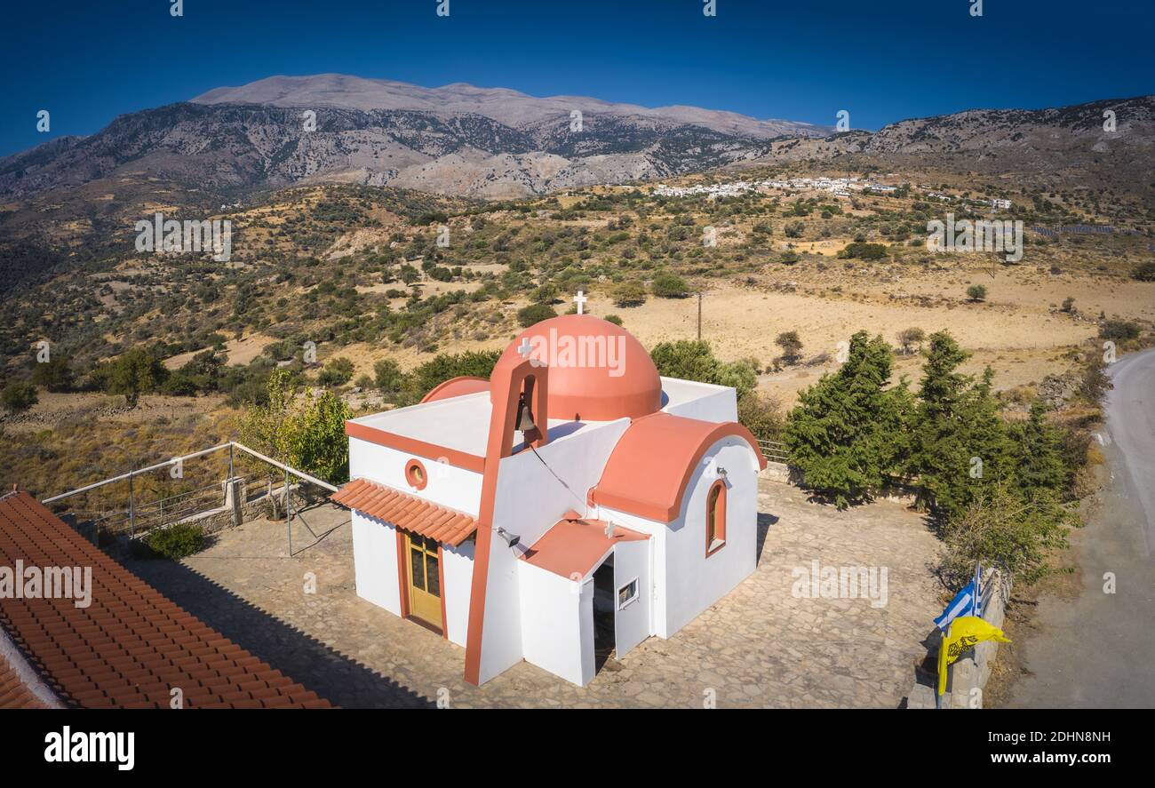 Church on traditional Crete village Nithafri, summer on Crete, mountain ...
