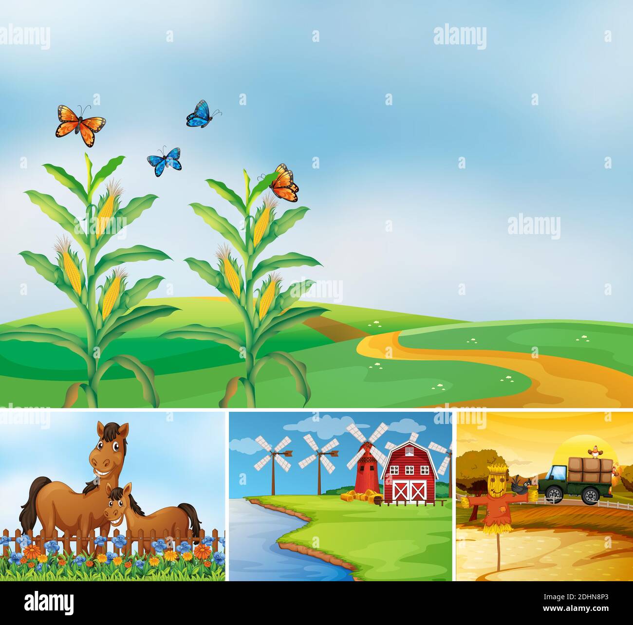 Set of different farm scenes with animal farm cartoon style ...