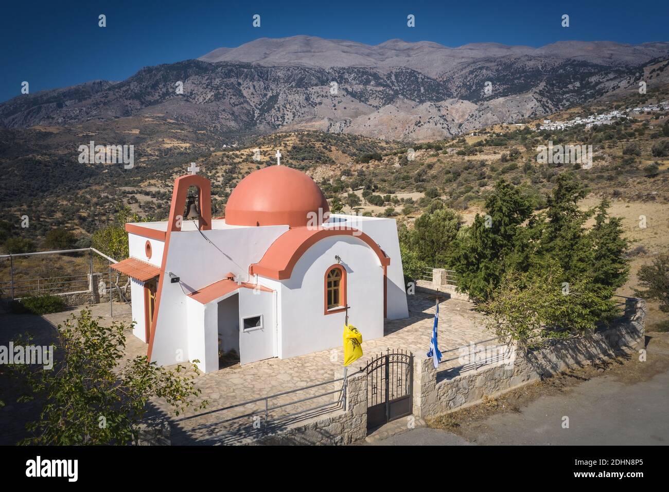 Church on traditional Crete village Nithafri, summer on Crete, mountain ...