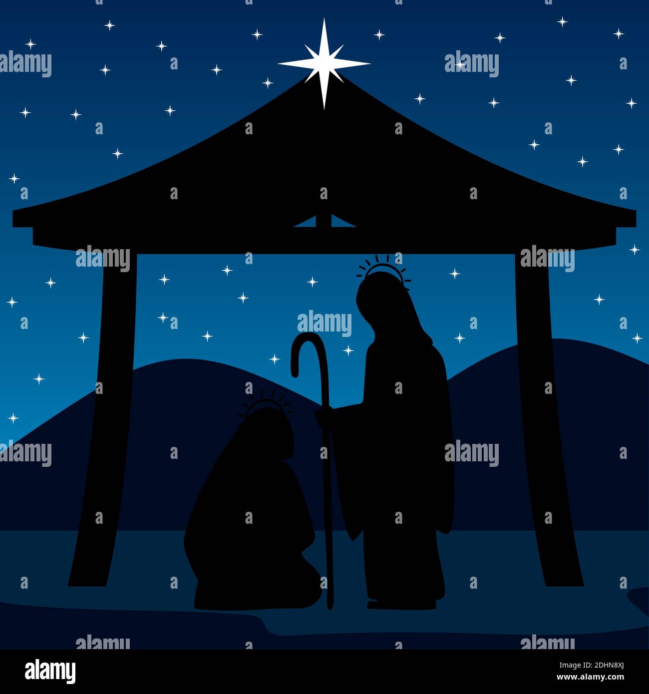 nativity joseph and mary in the stable silhouette scene manger vector ...