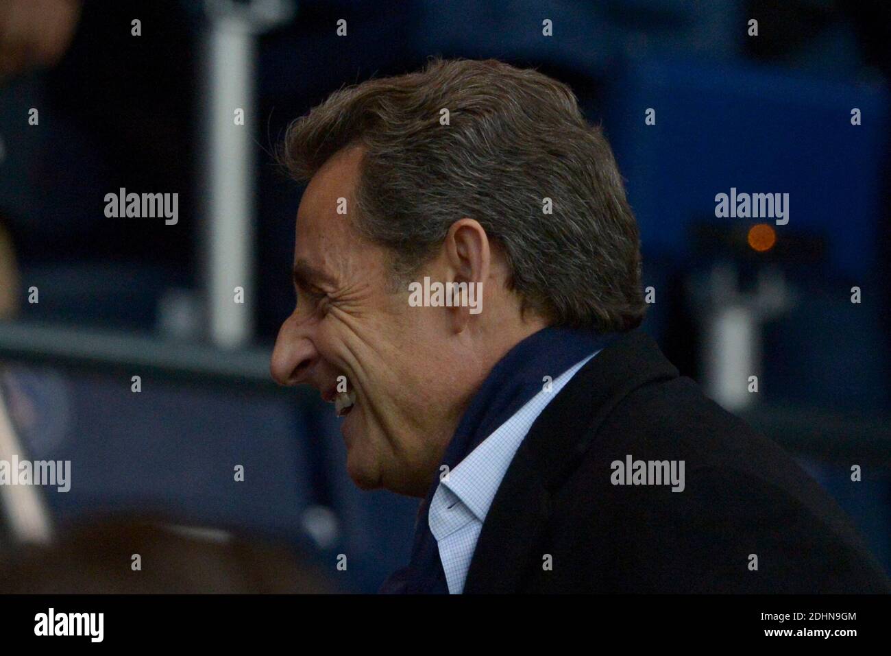 Nicolas Sarkozy in the stands attending the French First League soccer ...