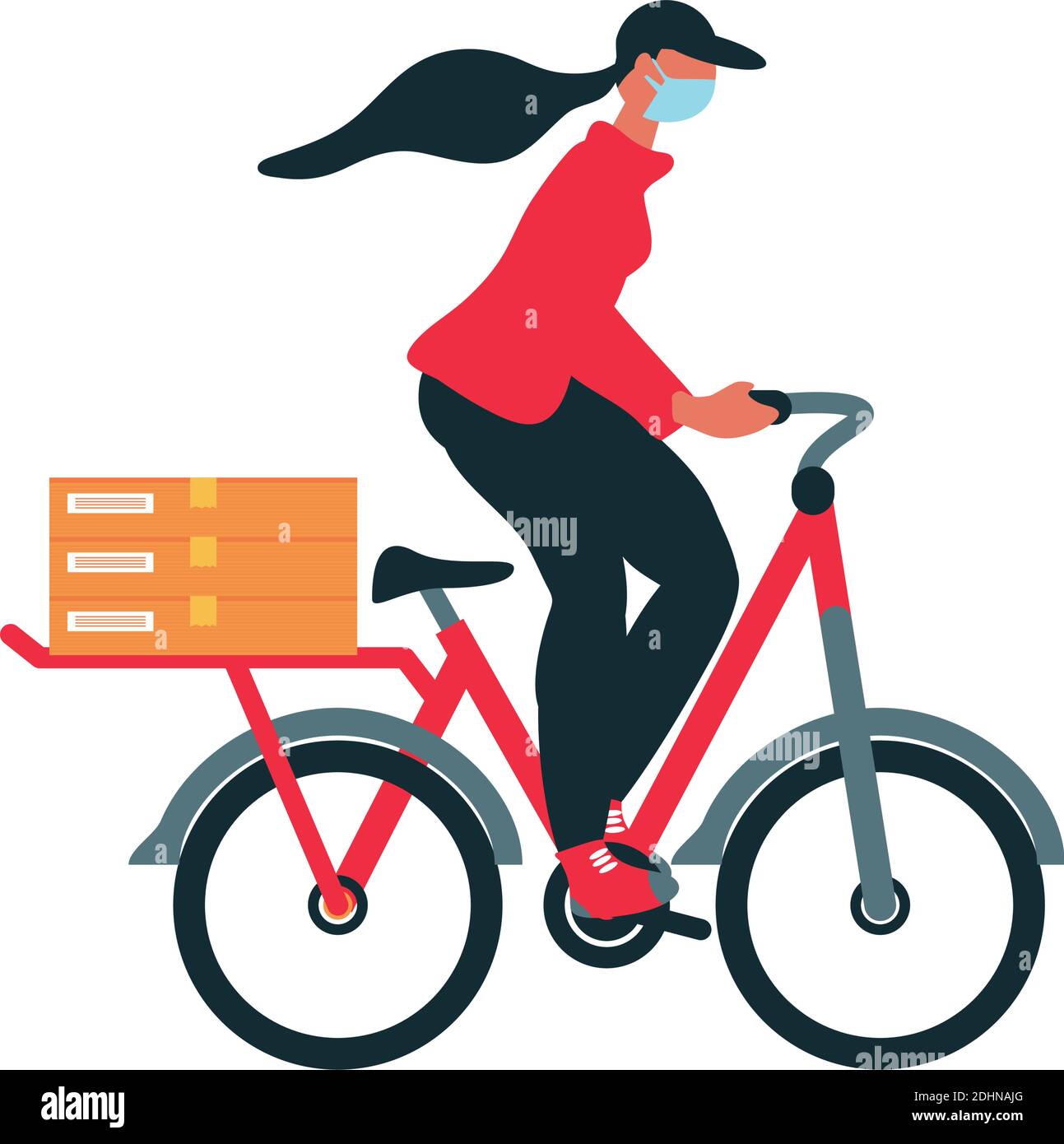 food delivery woman with mask riding bike with pizza boxes vector ...
