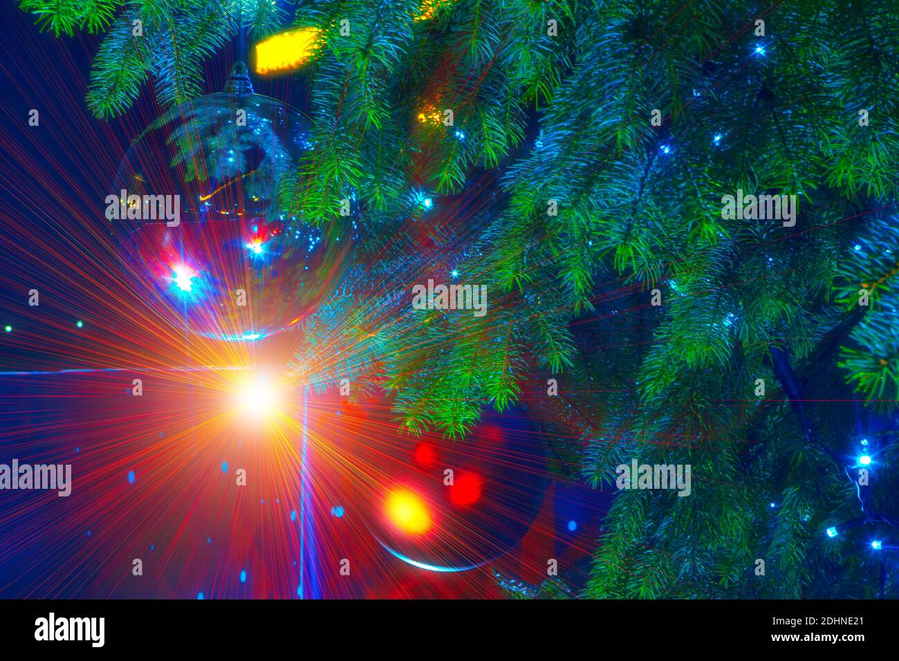 Christmas tree with decorations in night lights Stock Photo - Alamy