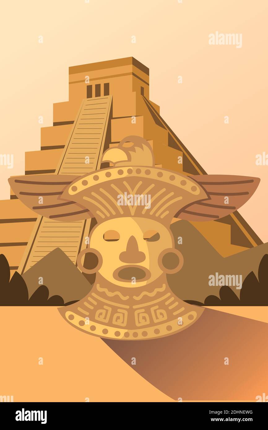 aztec ornament golden mask and pyramid icons vector illustration Stock ...