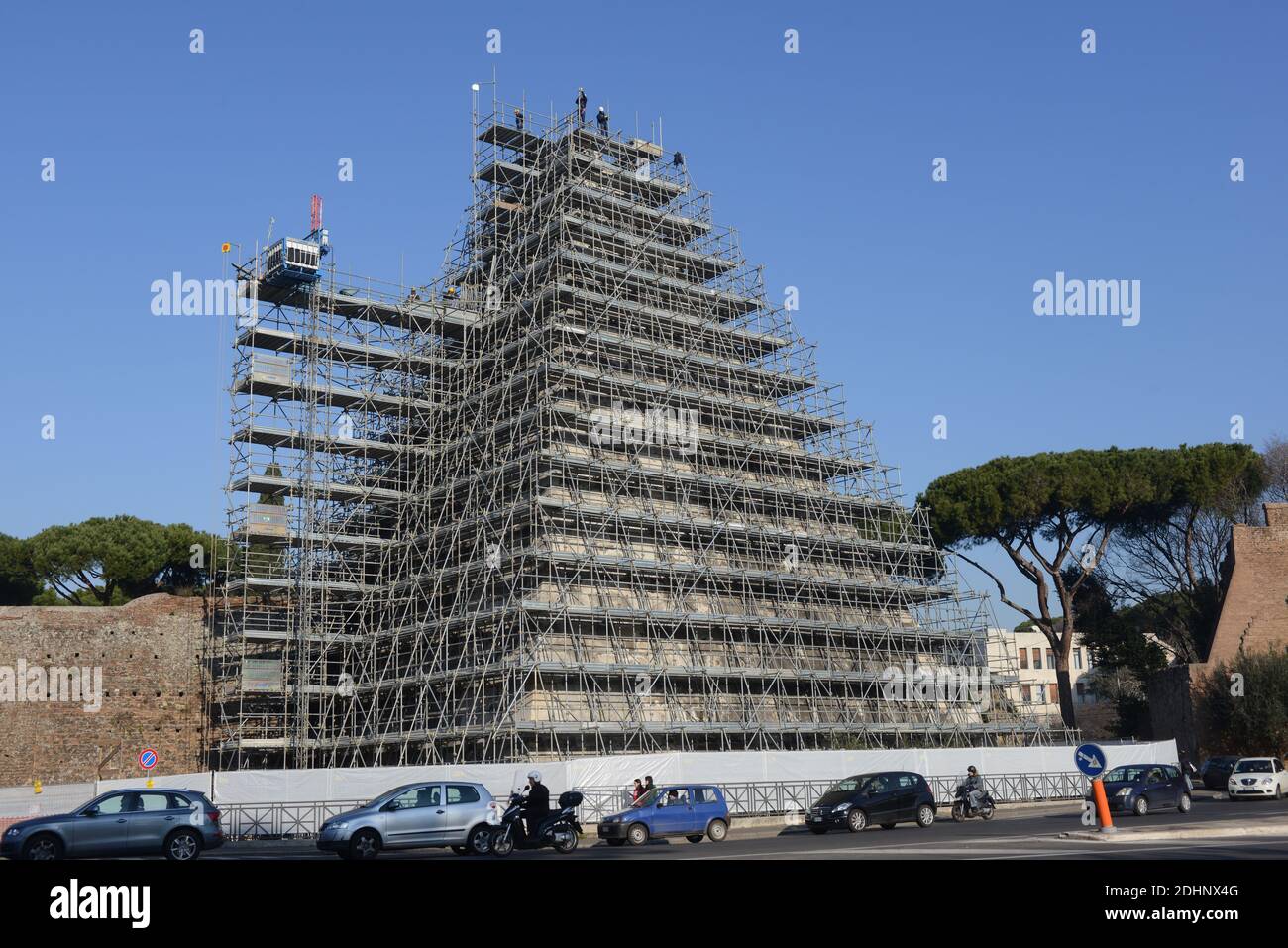 A view of the the restoration of the Pyramid of Cestius in Rome,Italy ...