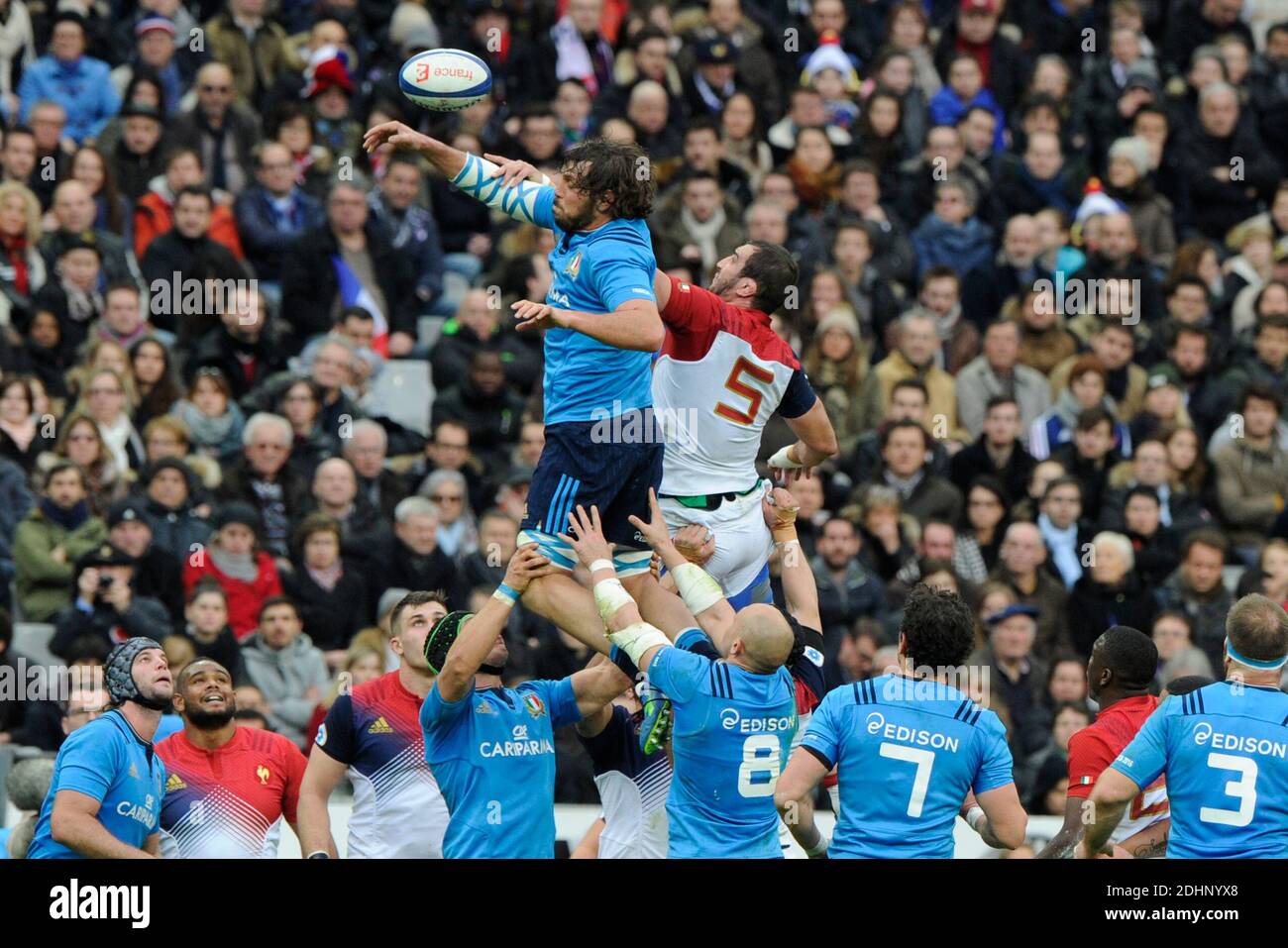 France's Yohann Maestri battles Italy's George Fabio Biagi during Rugby ...