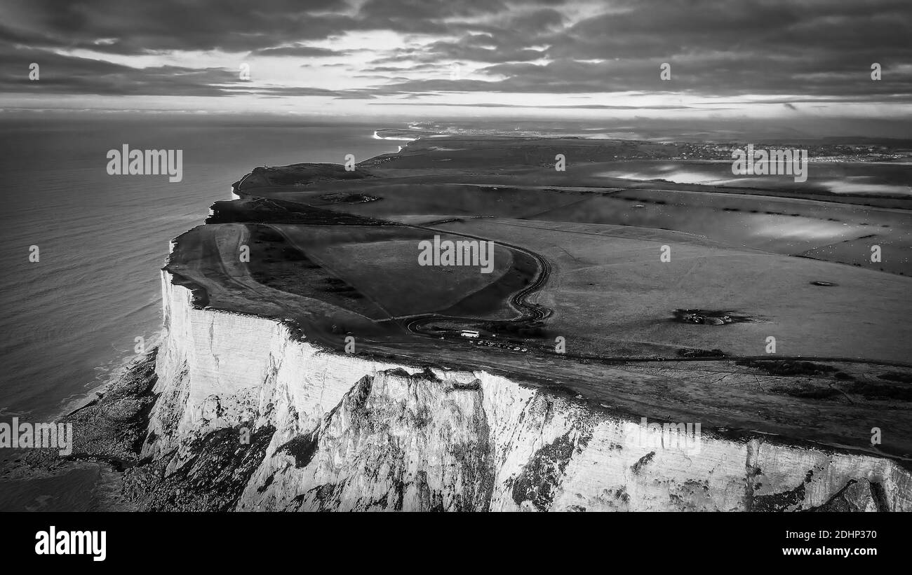 White cliffs at the English coast - aerial view in black and white ...