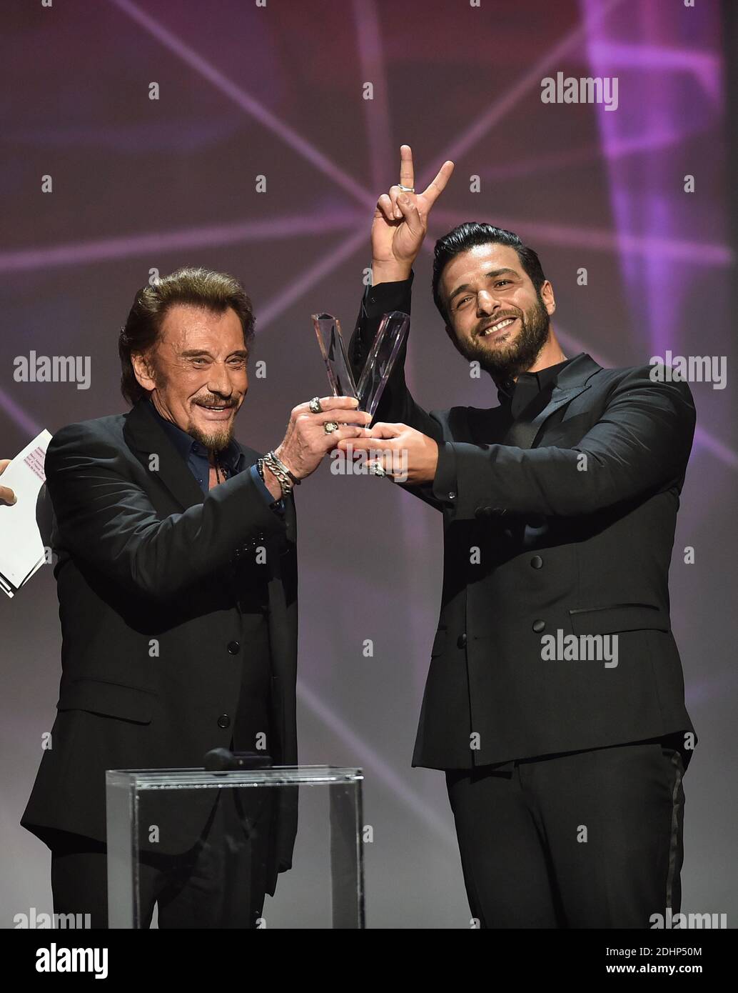 Johnny Hallyday and Yodelice aka Maxime Nucci during the 31st Victoires ...