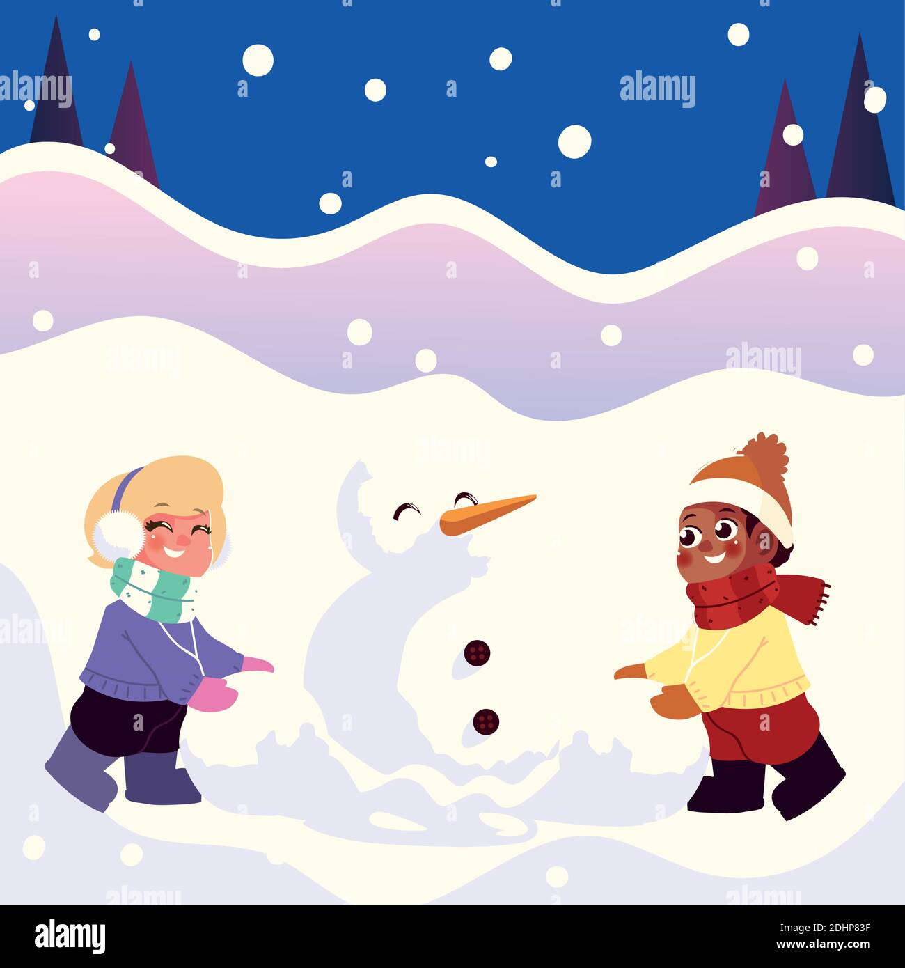 cute little boy and girl making a snowman in the winter scene vector ...