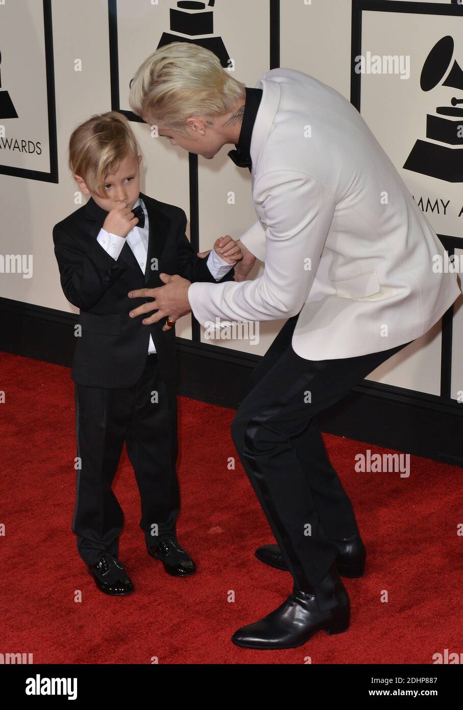 Justin Bieber and Jaxon Bieber attend The 58th GRAMMY Awards at Staples ...