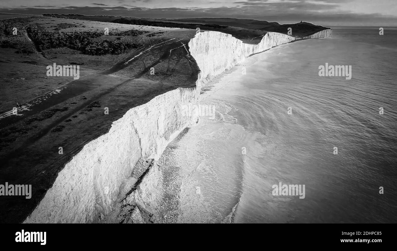 Awesome white cliffs of England - aerial view in black and white Stock ...