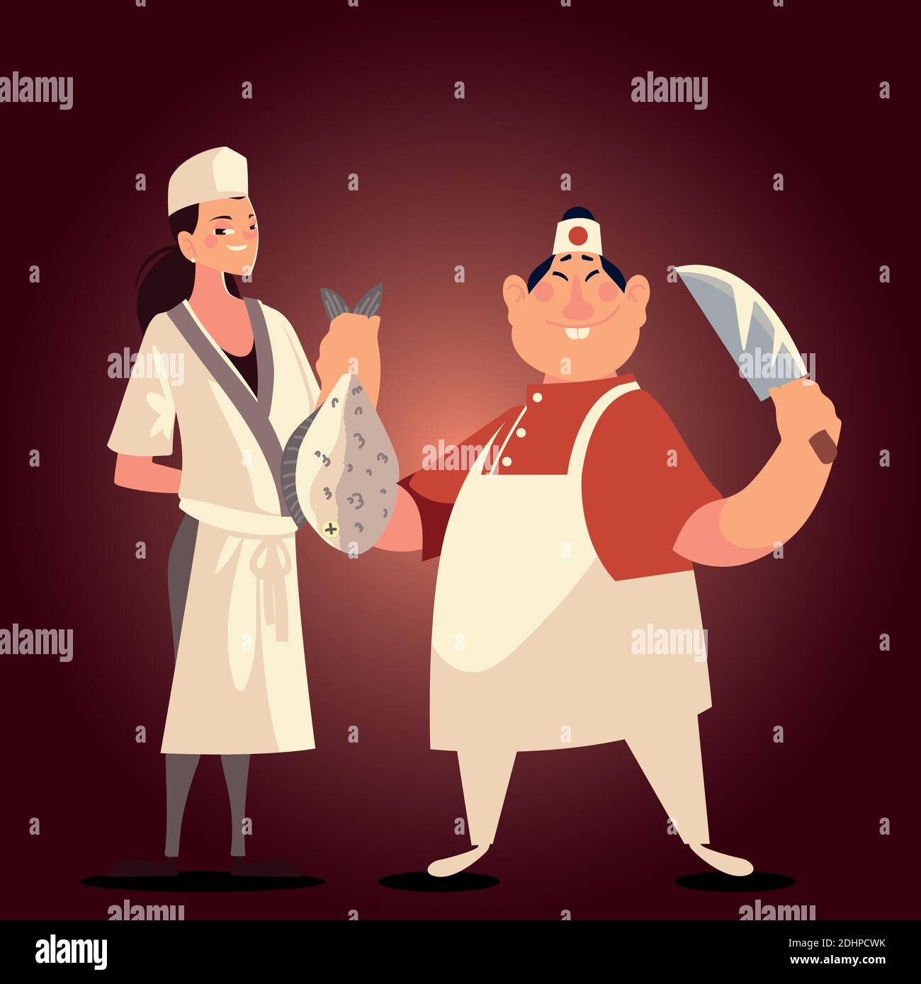 chinese male and female chefs with fish and knife vector illustration ...