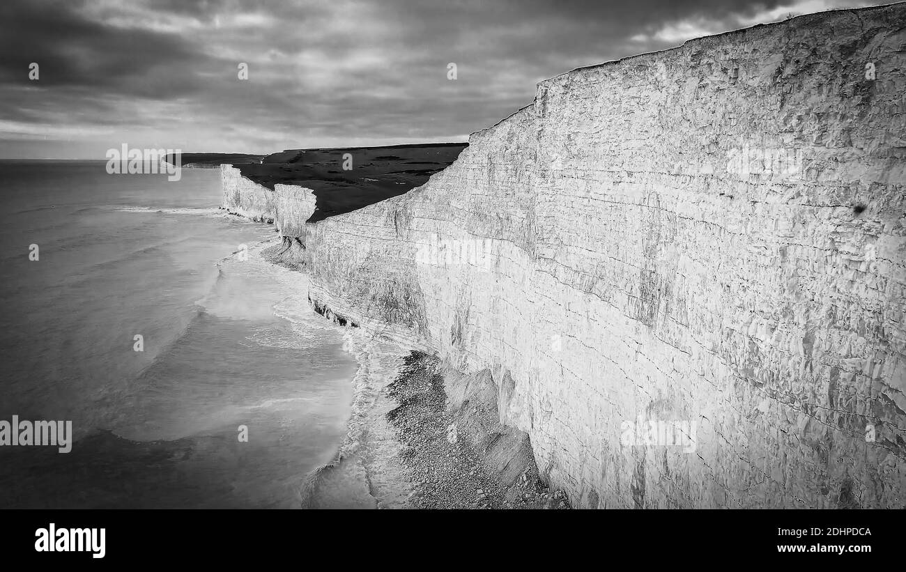 White cliffs at the English coast - aerial view in black and white ...