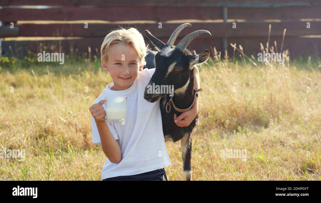 A boy drinks goat milk from a mug next to his goat Stock Photo - Alamy