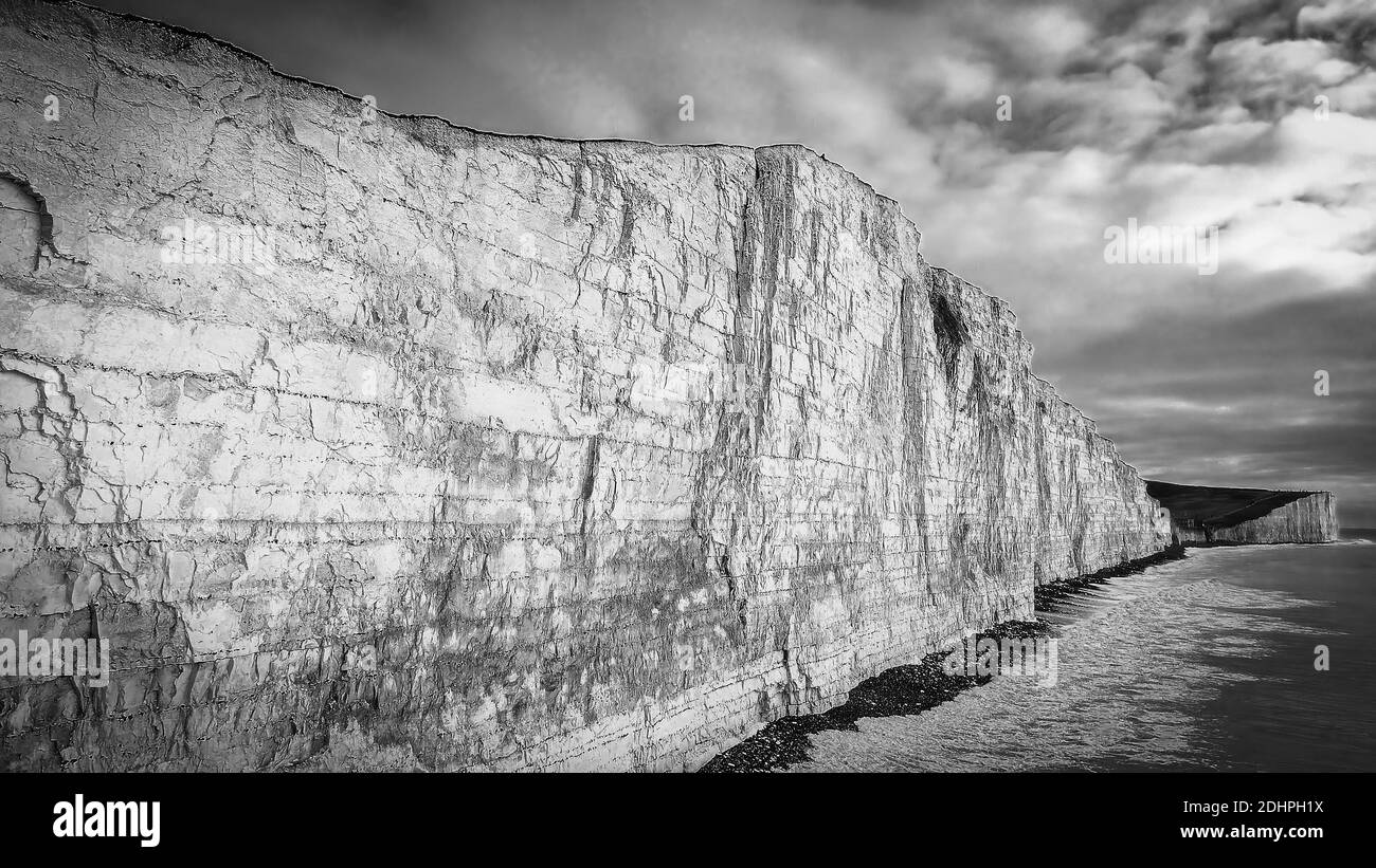 White cliffs at the English coast - aerial view in black and white ...