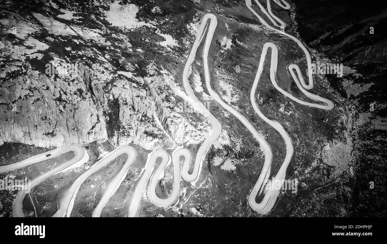 Gotthard Pass Street in Switzerland from above in black and white Stock ...