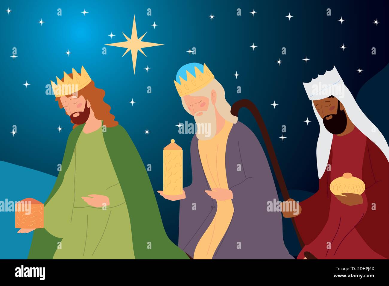nativity three wise kings with gifts in the night manger vector ...