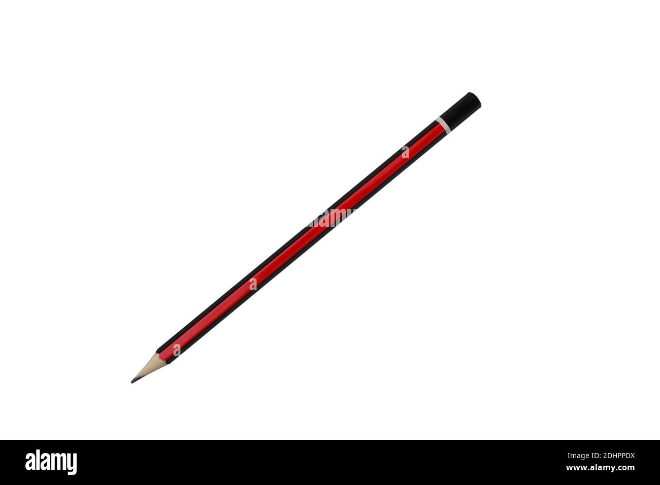 Wooden pencil with red and black stripes. A wooden graphite pencil with ...