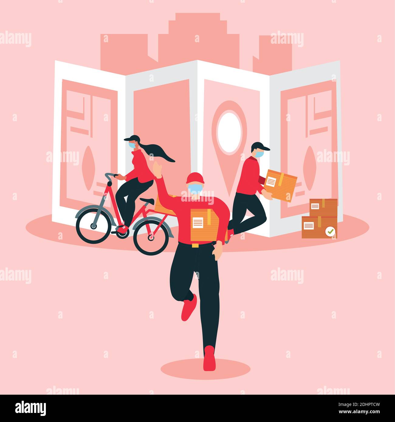 delivery service, workers with mask and order tracking map vector ...