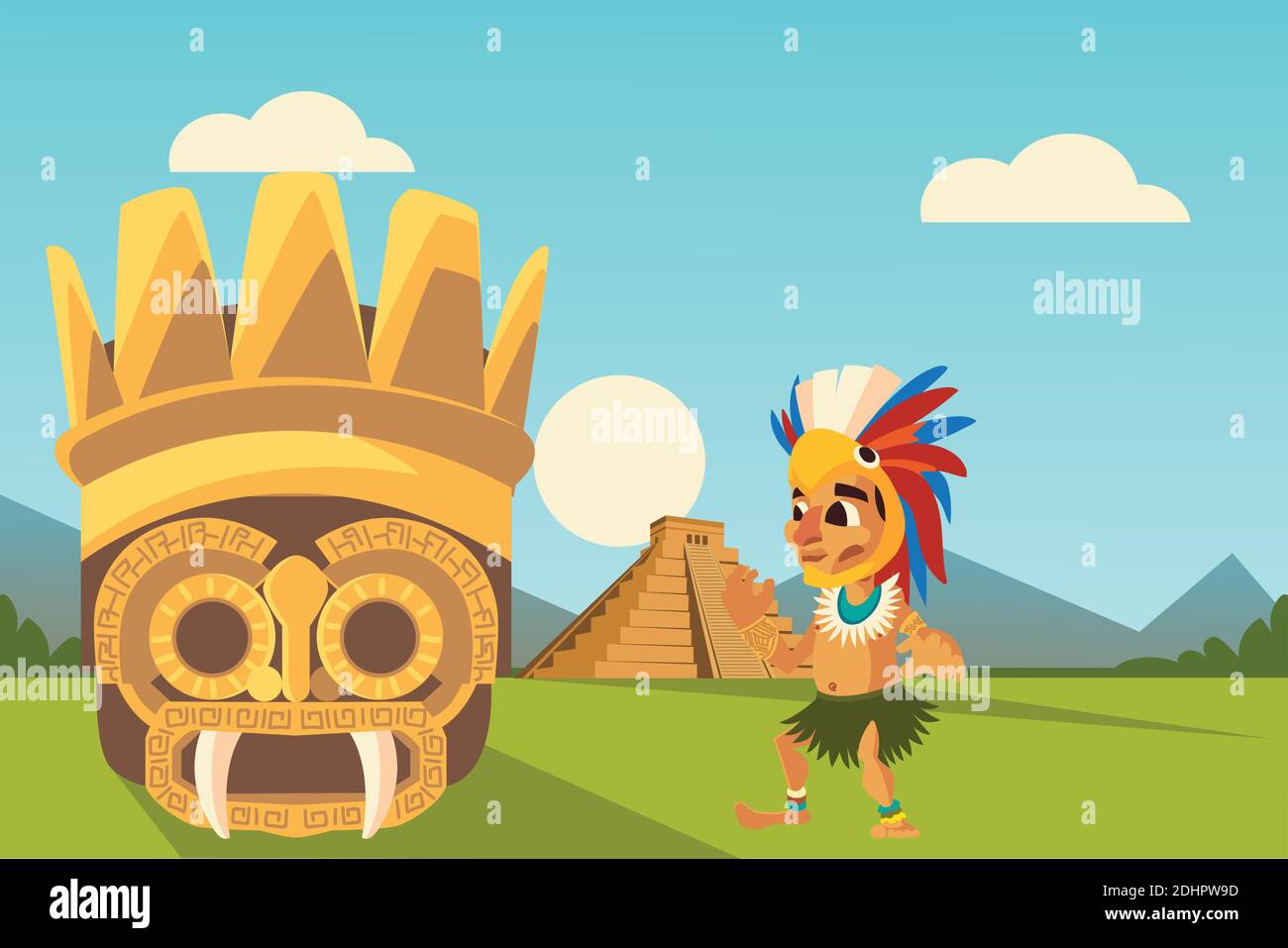 aztec culture warrior mask and pyramid in landscape vector illustration ...