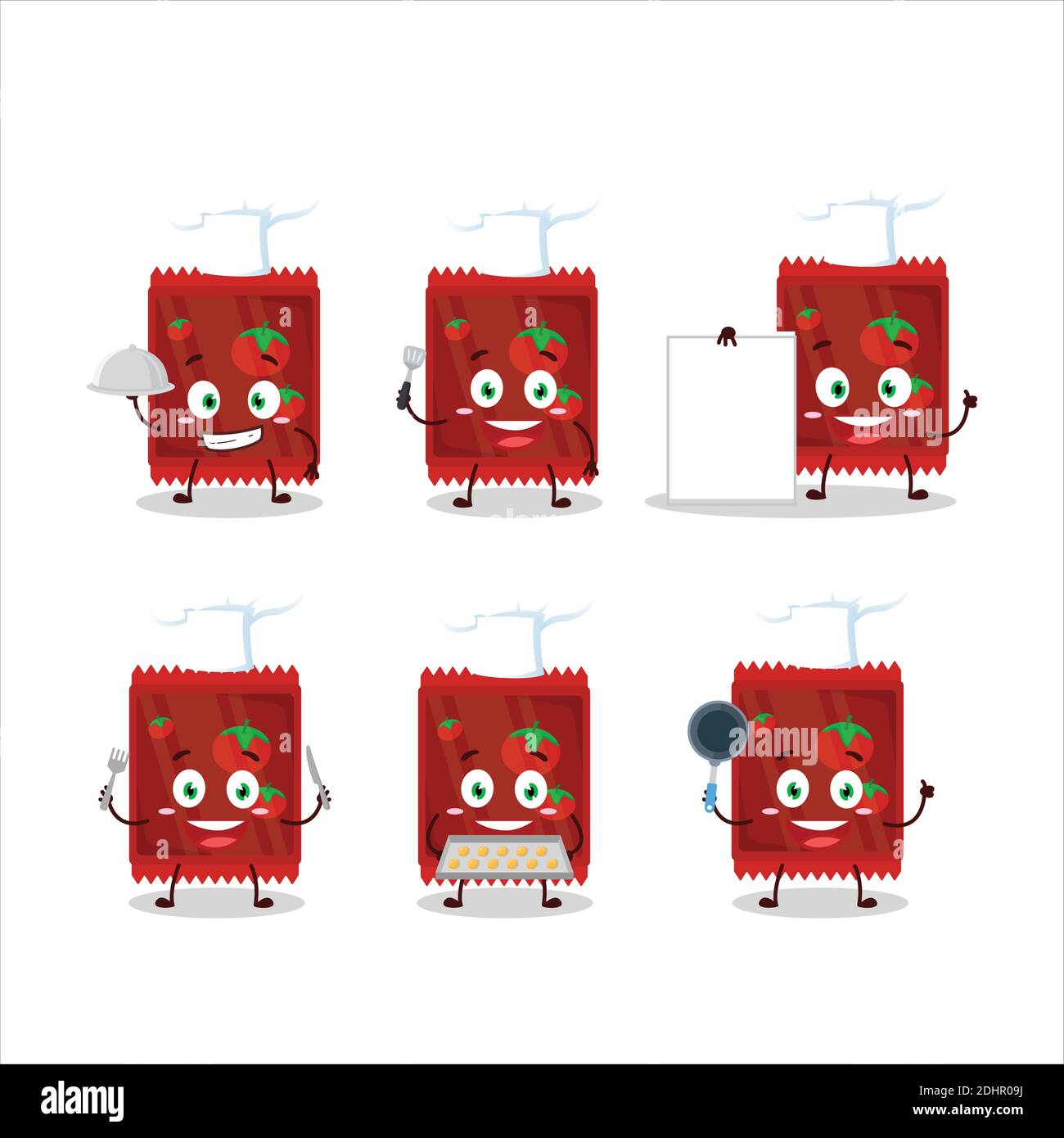 Cartoon character of ketchup sachet with various chef emoticons. Vector ...