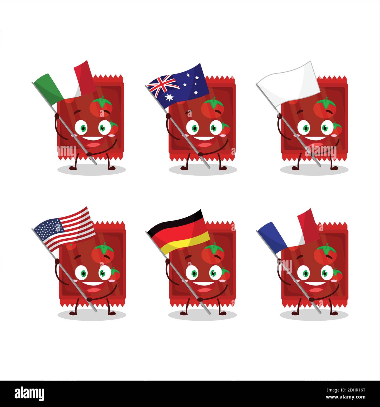 Ketchup sachet cartoon character bring the flags of various countries ...
