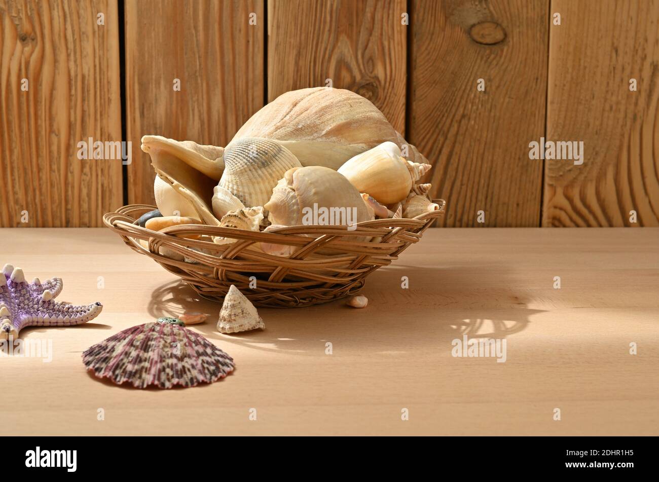 Collection of sea clams on a wooden table in a wicker basket ...