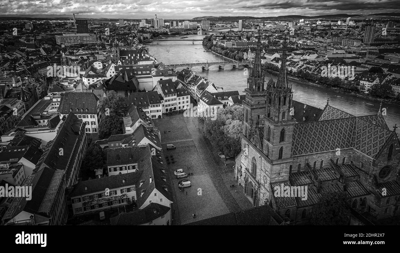 Aerial view over the city of Basel Switzerland and Cathedral Stock ...